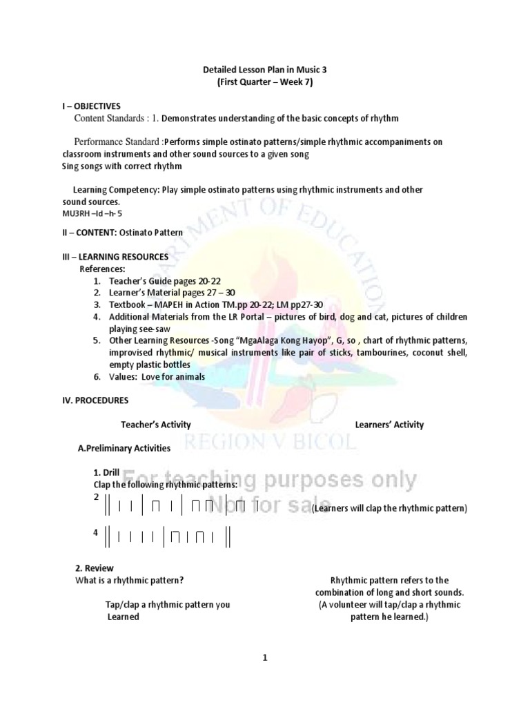 Detailed Lesson Plan in Music 3 (First Quarter - Week 7) I - Objectives ...