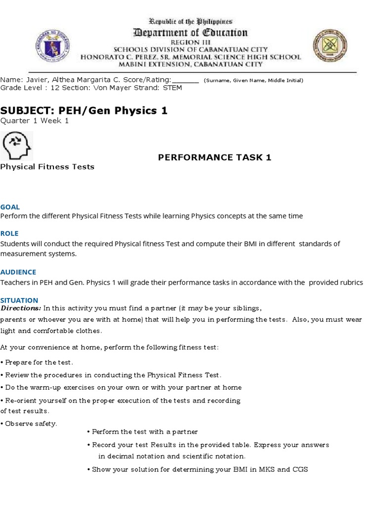 PT # 1-Physical Fitness Tests | PDF | Test (Assessment) | Body Mass Index