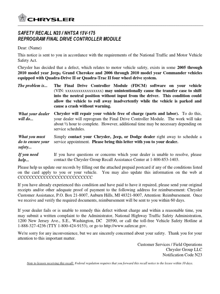 Safety Recall N23 / Nhtsa 13V-175 Reprogram Final Drive Controller ...