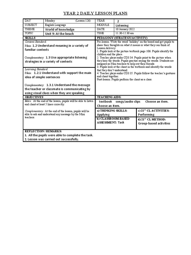 Year 2 Daily Lesson Plans: Skills Pedagogy (Strategy/Activity) | PDF ...