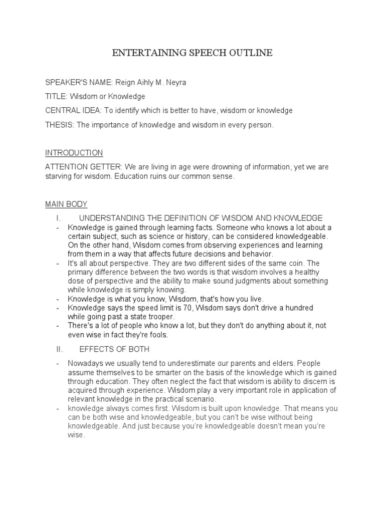 Entertaining Speech Outline | PDF | Knowledge | Wisdom