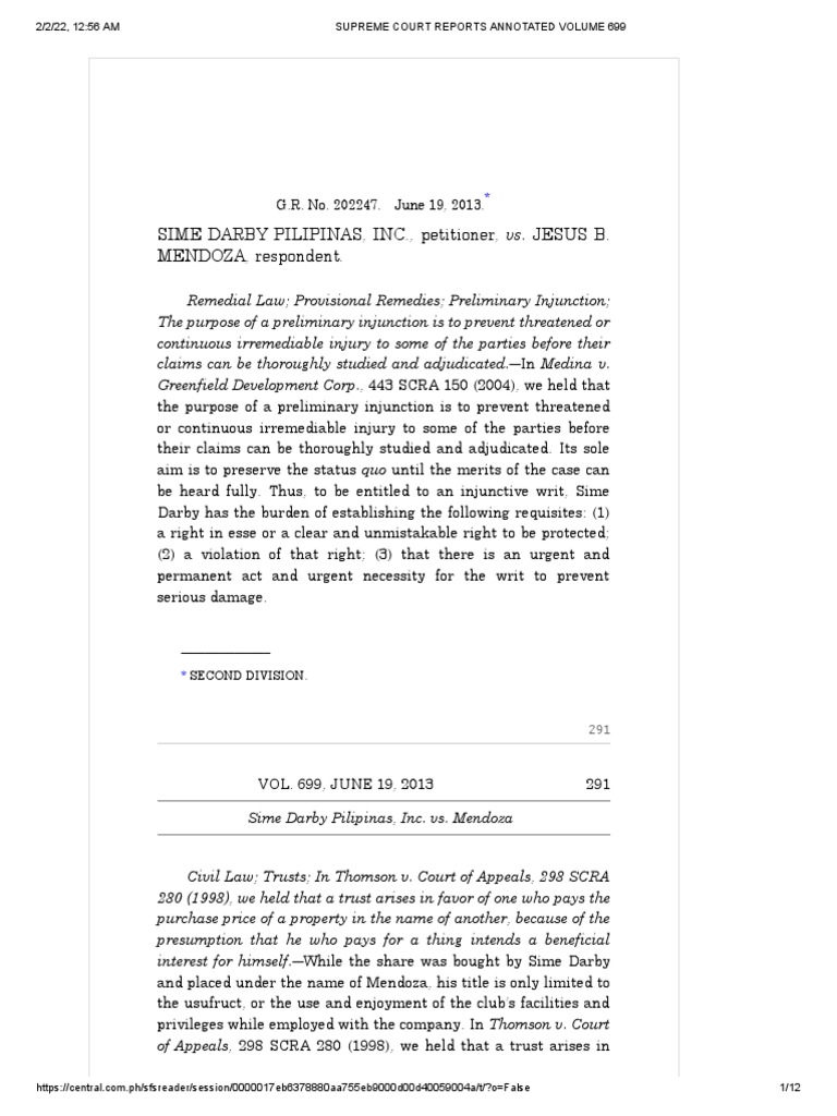 Sime Darby Pilipinas VS Jesus Mendoza | PDF | Injunction | Lawsuit