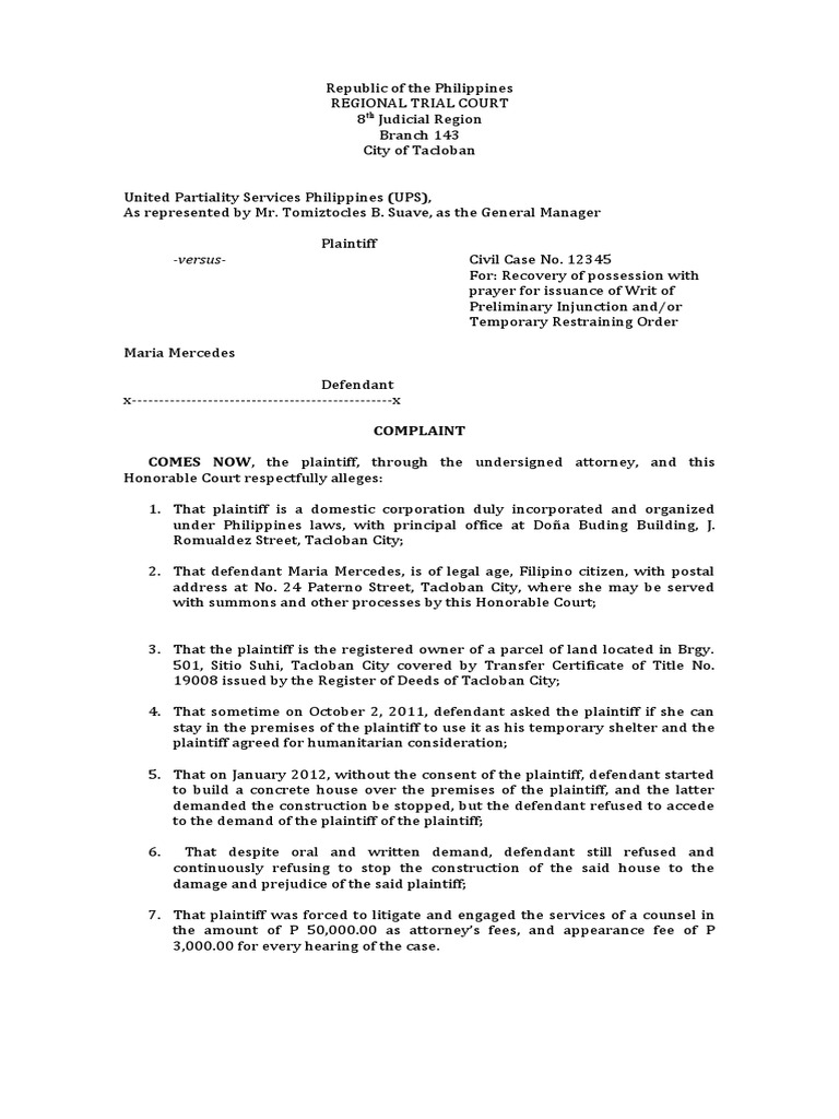 Dispute Over Land Ownership and Construction: Complaint Filed for ...