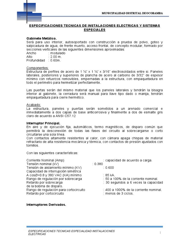 Especificaciones Tecnicas - Inst. Electricas Ok | PDF | Corriente eléctrica | Aislador ...