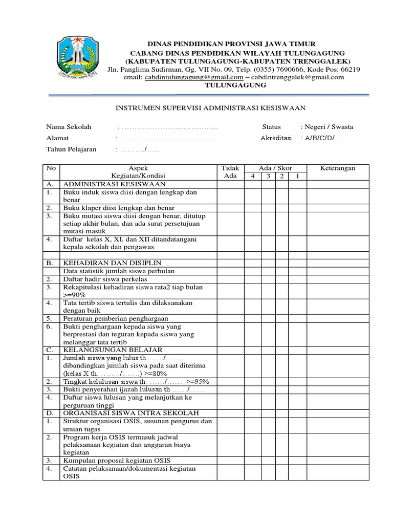 Instrumen Supervisi Administrasi Kesiswaan | PDF