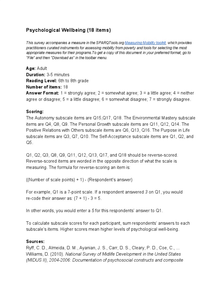 Psychological Well Being - 18 Items | PDF | Applied Psychology | Cognition