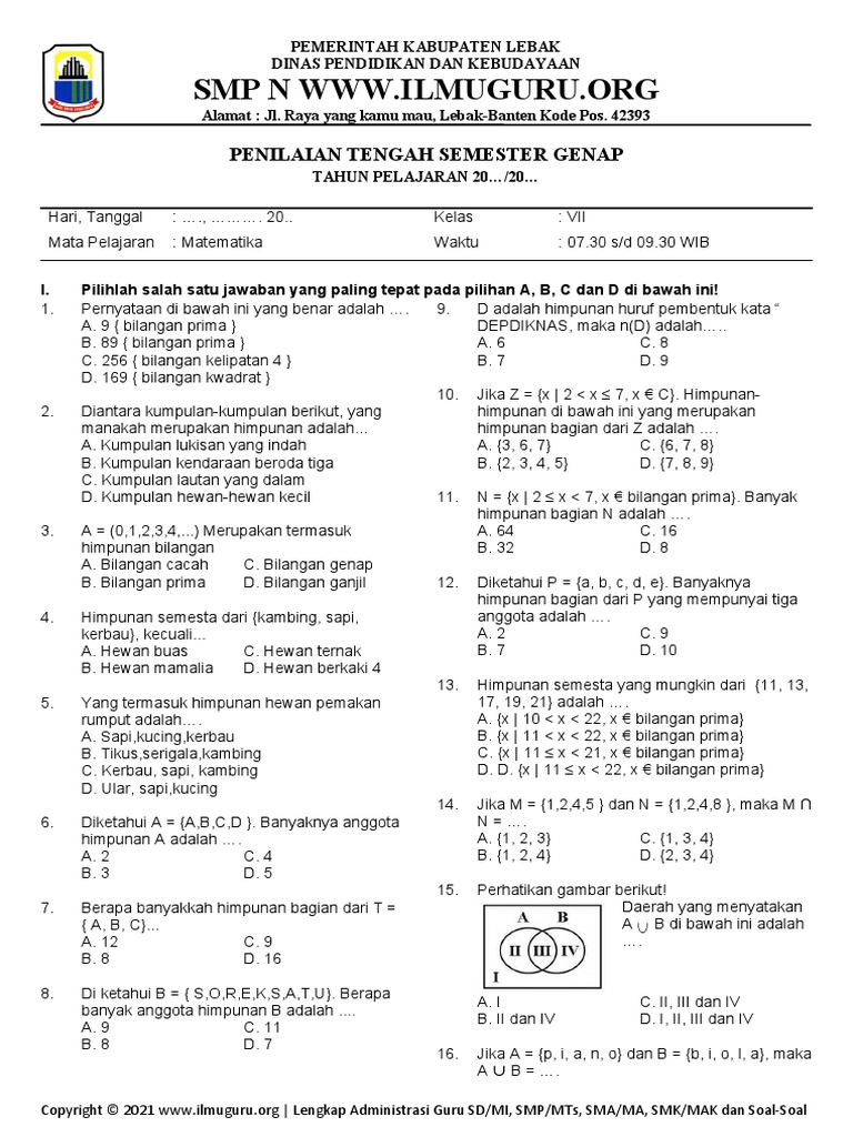 Soal PTS II Matematika Kelas VII - WWW - Ilmuguru.org-1 | PDF