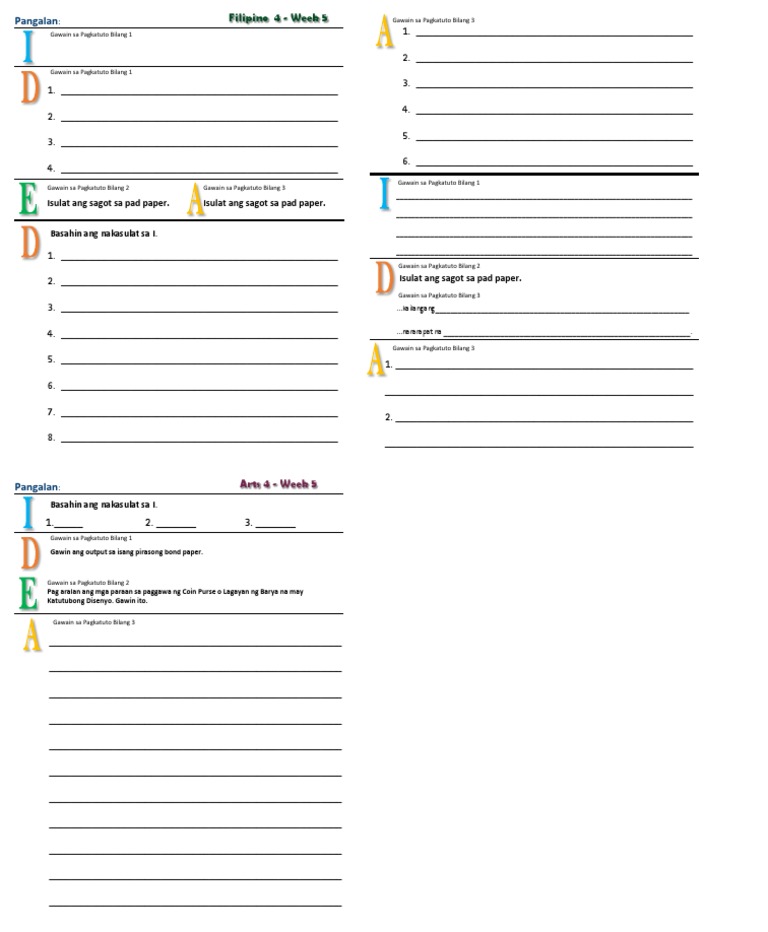 Week 5 Answer Sheet Filipino, Arts | PDF