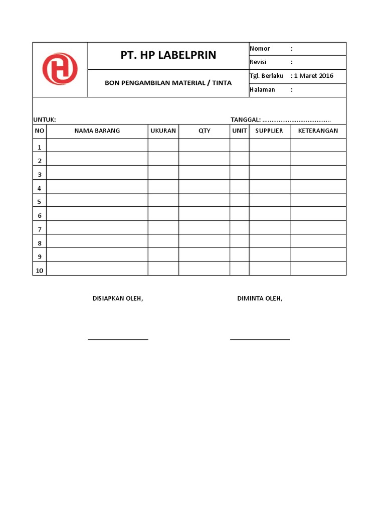 Form Pengambilan Bahan Baku&tinta | PDF