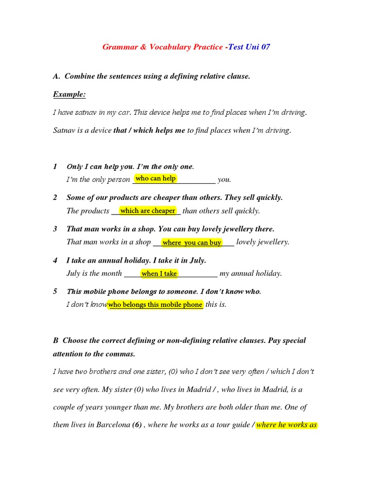 Grammar & Vocabulary Practice - Test Uni 07 | PDF | Language Arts ...