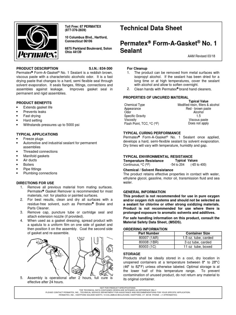 Technical Data Sheet Permatex Form-A-Gasket No. 1 Sealant | PDF | Pipe (Fluid Conveyance ...