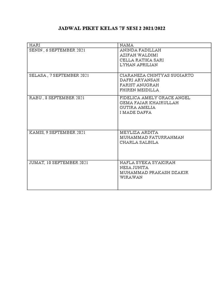 Jadwal Piket Kelas 7f Sesi 1 2021 | PDF