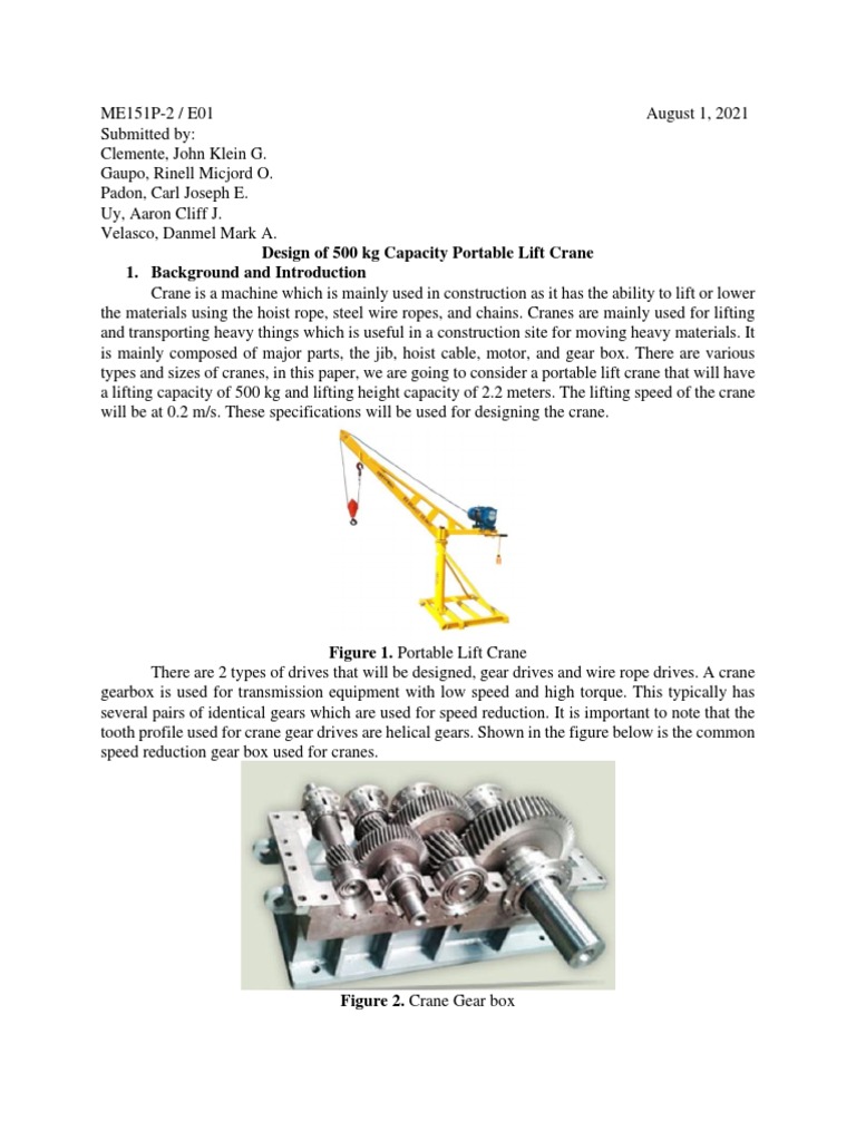 Design of 500kg Capacity Portable Lift Crane | PDF | Gear | Crane (Machine)