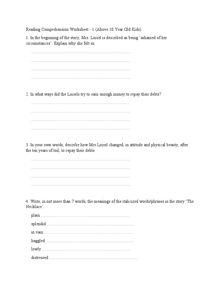 The Necklace Reading Comprehension Worksheet | PDF | Language Arts ...