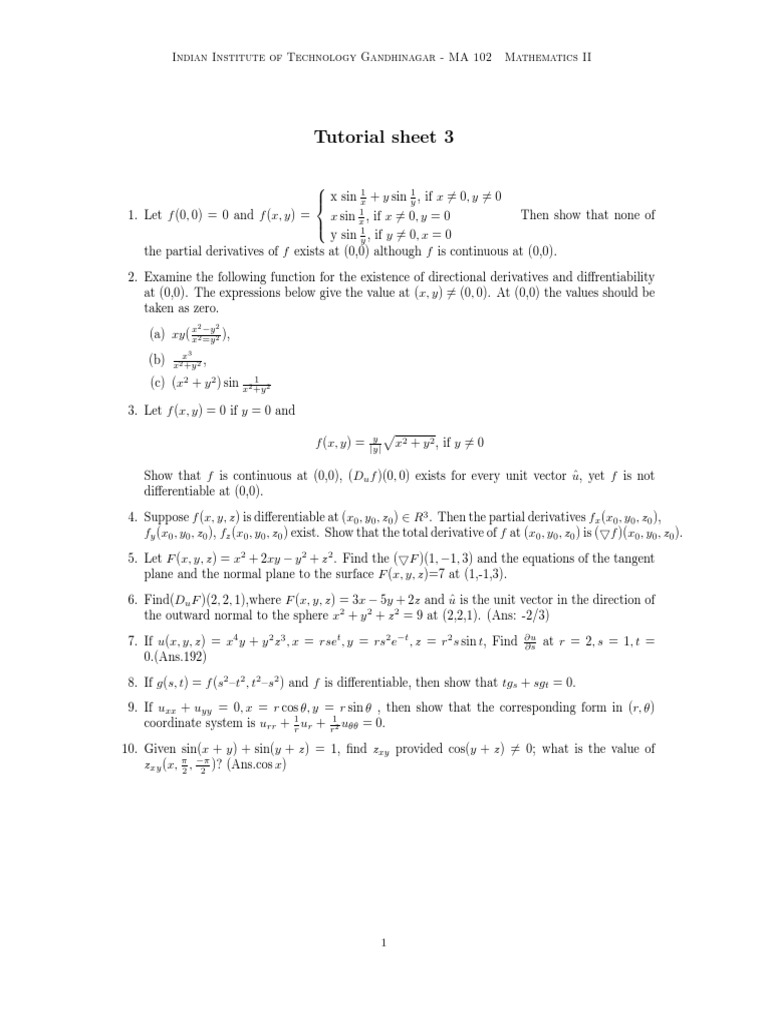 Tutorial Sheet 3: Indian Institute of Technology Gandhinagar - MA 102 Mathematics II | PDF ...