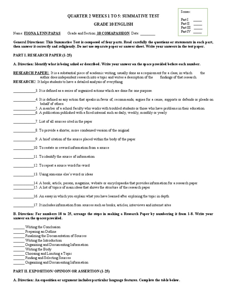 Quarter 2 Weeks 1 To 5: Summative Test Grade 10 English | PDF | Essays ...