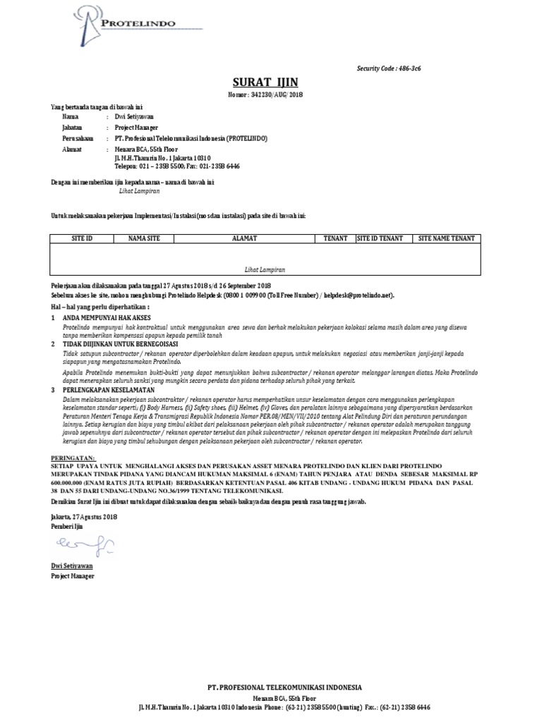 PermitLetter - PTI - Dwi - 27-Aug-18 - 134219 Lte Wonogiri Sampir | PDF