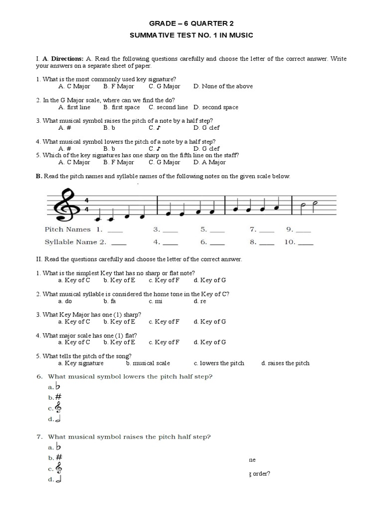 Grade - 6 Quarter 2 Summative Test No. 1 in Music | PDF | Scale (Music ...