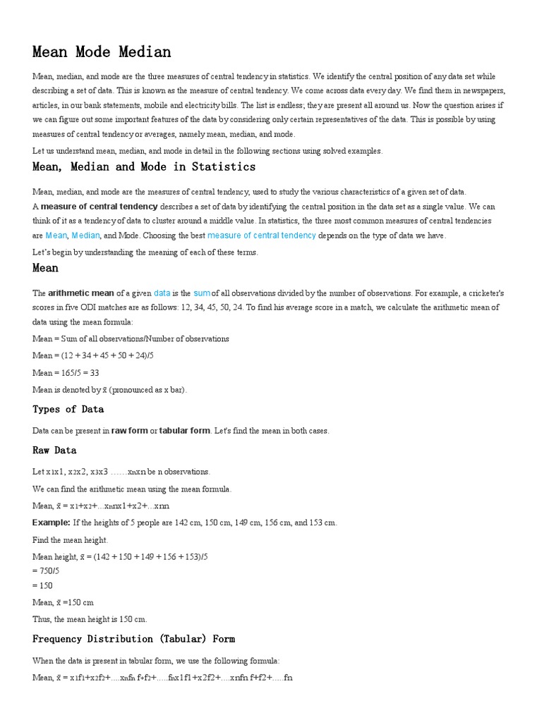 Mean Mode Median | PDF | Mean | Mode (Statistics)