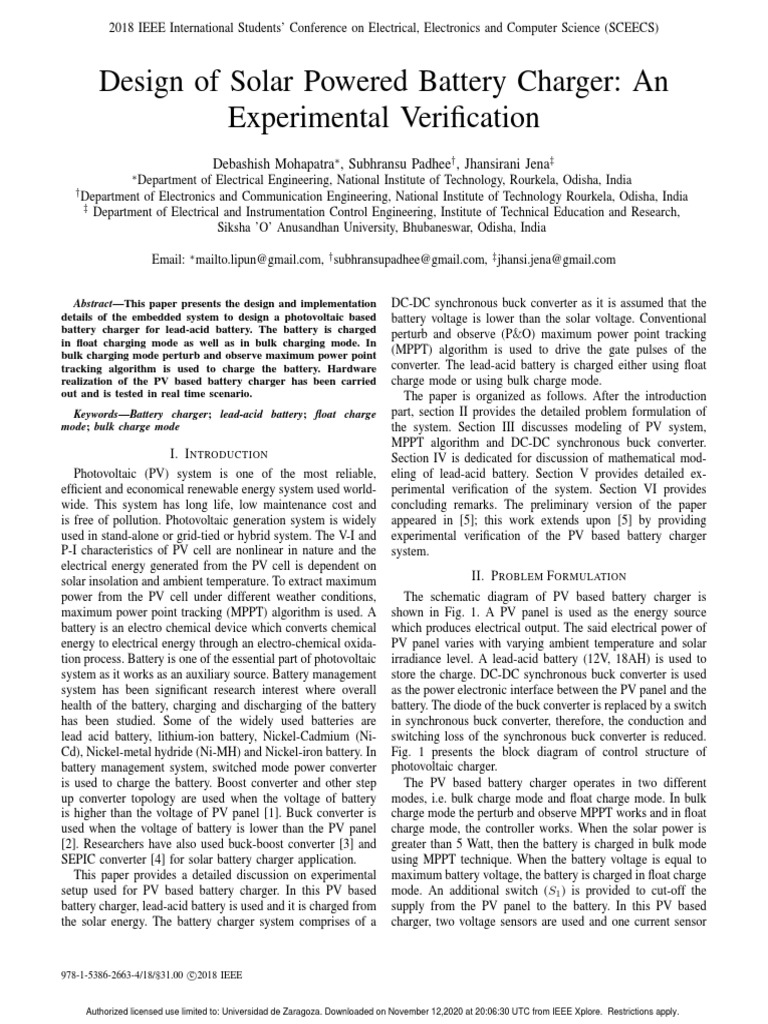 Design of Solar Powered Battery Charger: An Experimental Verification ...