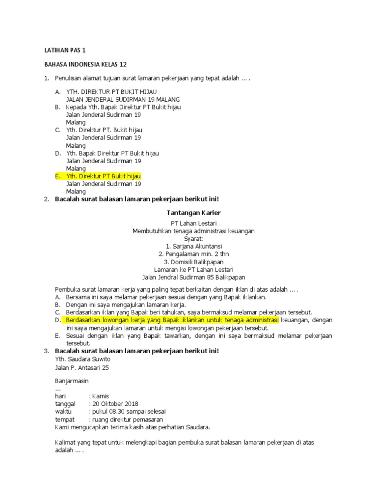 Latihan Pas 1 Ina 12 Sma | PDF
