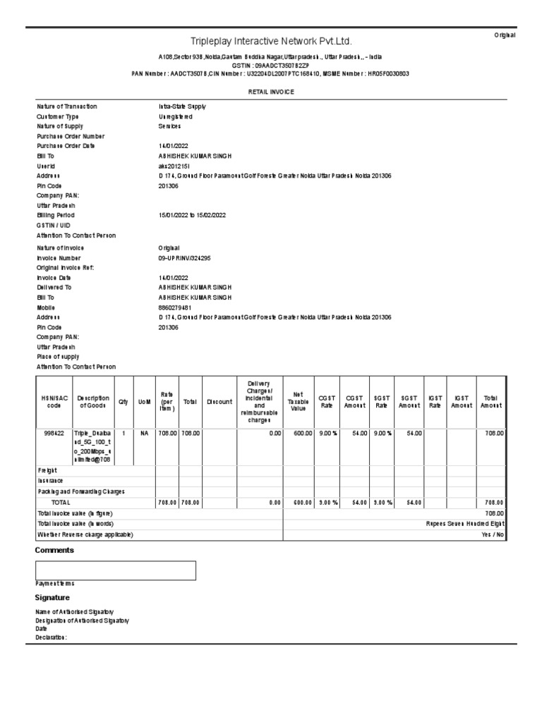 Triple Play Internet Bill | PDF | Invoice | Payments