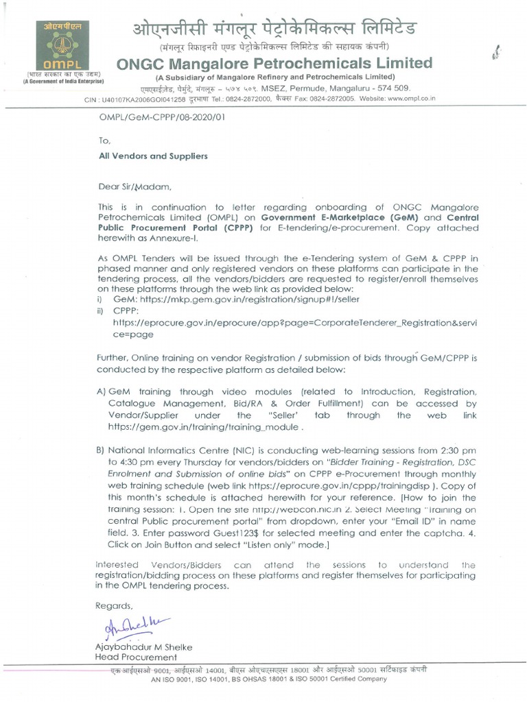 Communication To Vendors Regarding Gem and CPPP For E-Tendering or E-Procurement | PDF