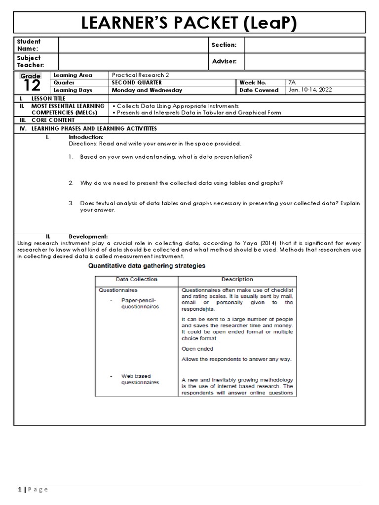 Learner'S Packet (Leap) : Student Name: Section: Subject Teacher ...