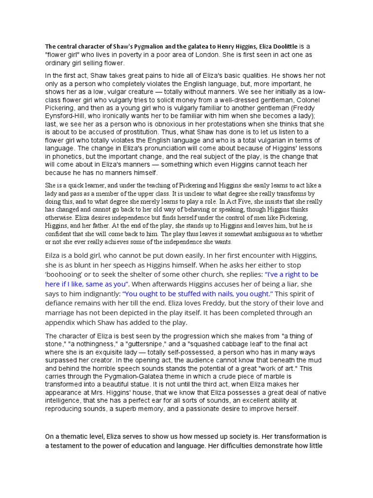 Eliza Doolittle: Character Analysis in Pygmalion | PDF | Pygmalion (Play)