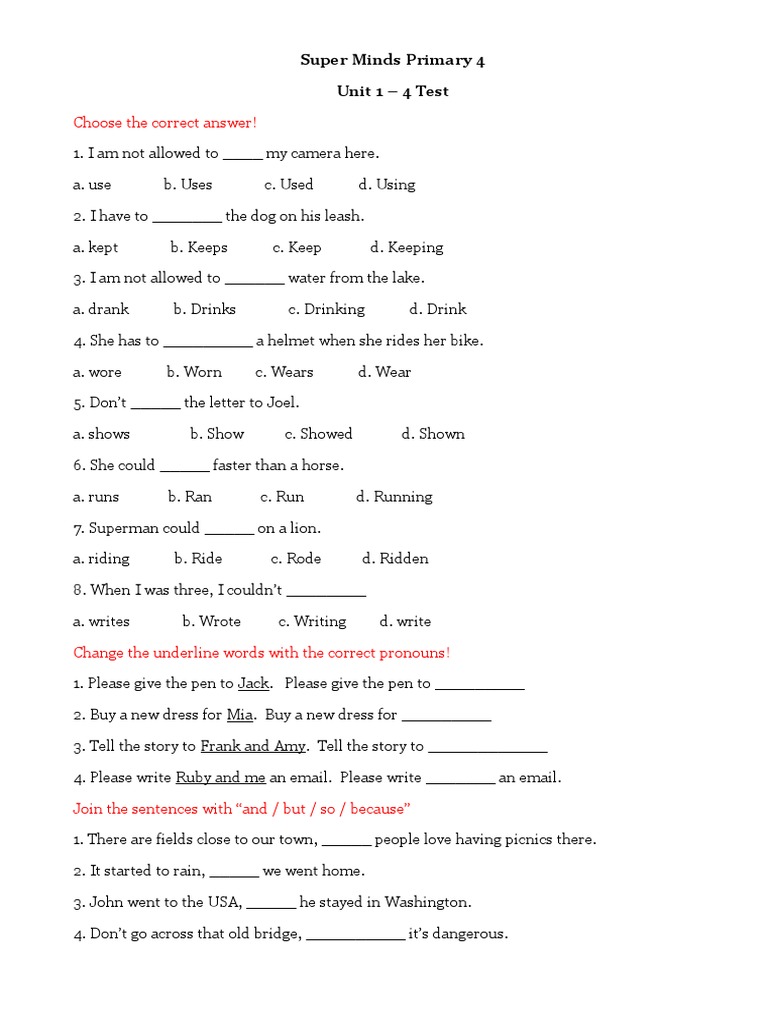 Super Minds Primary 4 Unit 1-4 Tests | PDF | Linguistics
