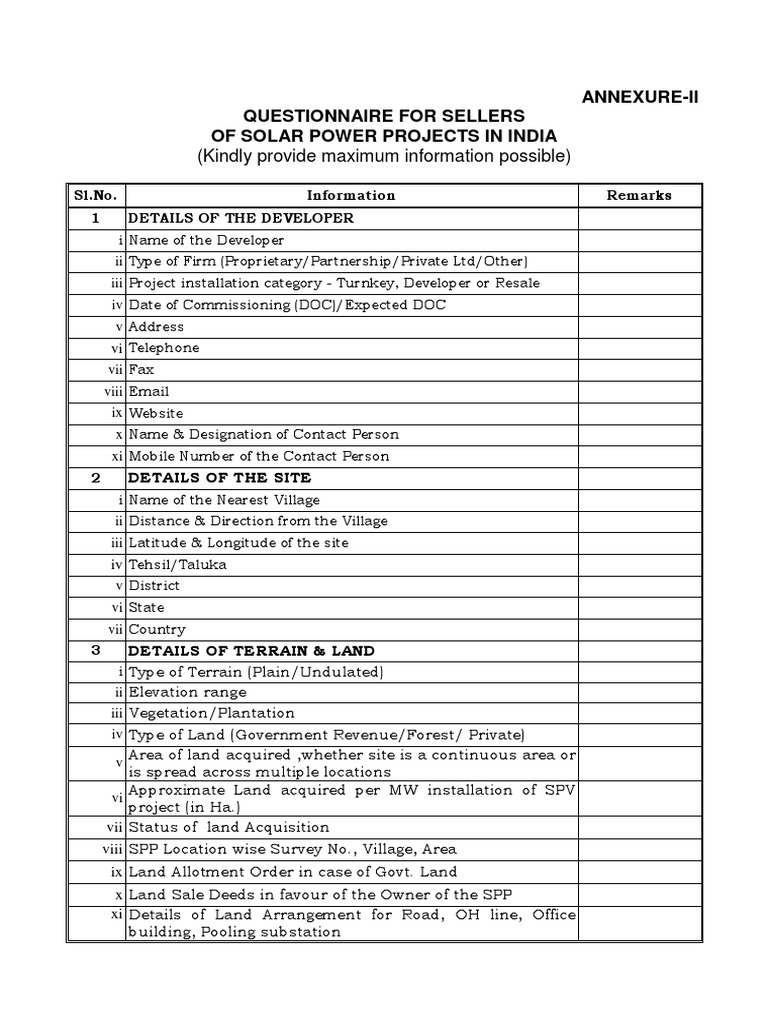 Questionnaire for Gathering Comprehensive Information on Proposed Solar ...