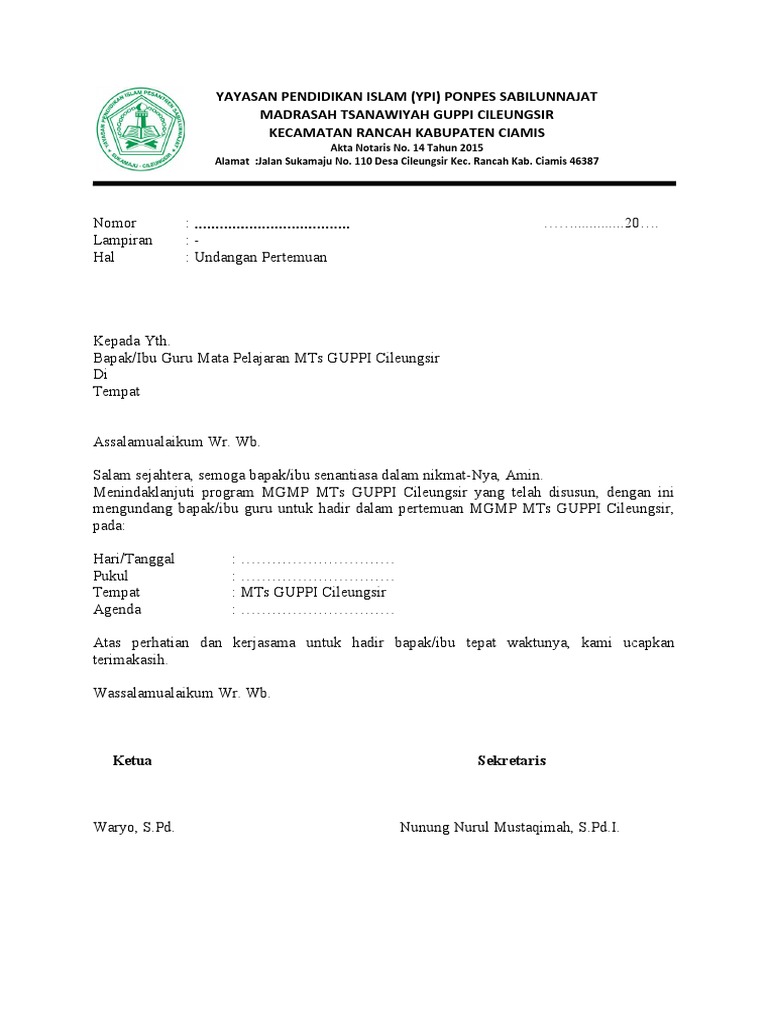 593 - Contoh Surat Undangan Rapat Resmi MGMP | PDF