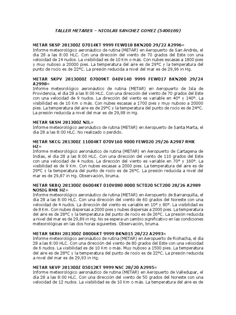 Informe METAR Aeropuertos Colombia | PDF | Herida | Meteorología