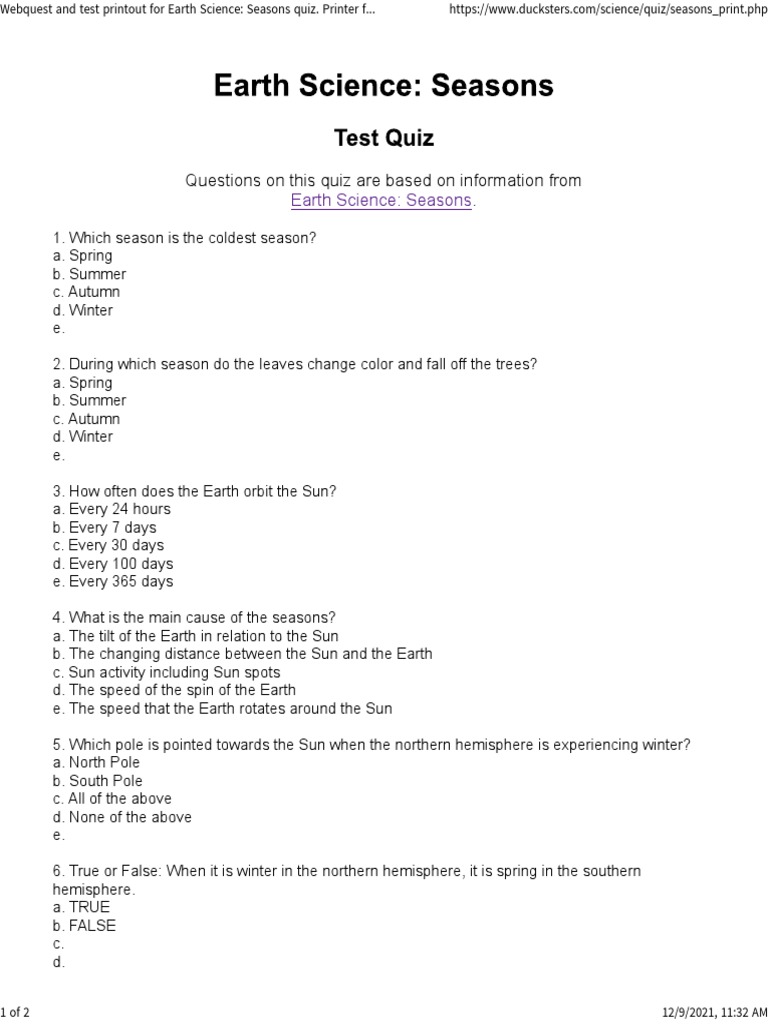 Questions On This Quiz Are Based On Information From .: Earth Science ...