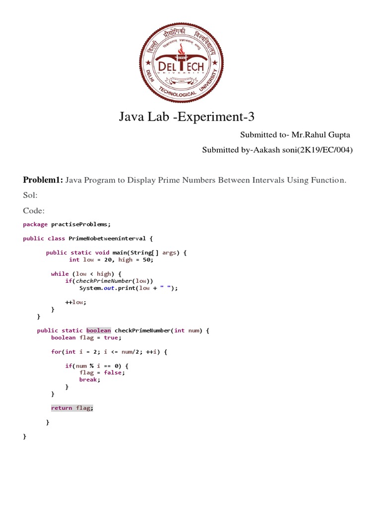 Java Lab Experiment 3 Submitted To Mr Rahul Gupta Submitted By Aakash Soni 2k19 Ec 004