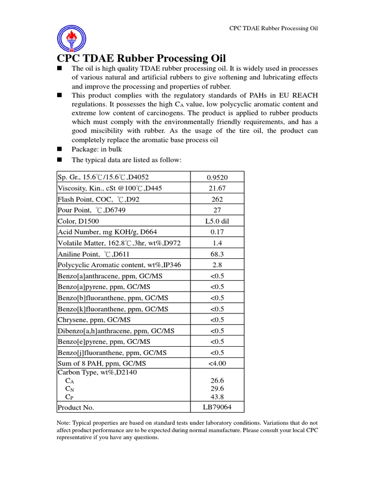 LB79064-CPC TDAE Rubber Processing Oil | PDF | Polycyclic Aromatic ...