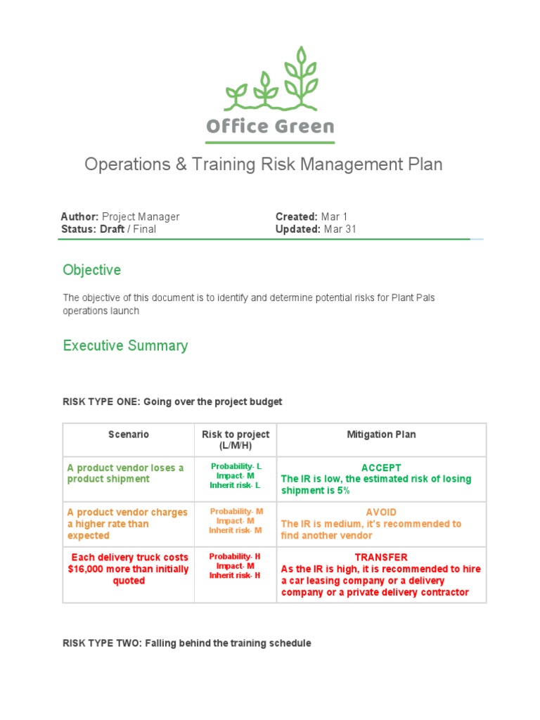 Operations & Training Risk Management Plan: Objective | PDF | Risk ...