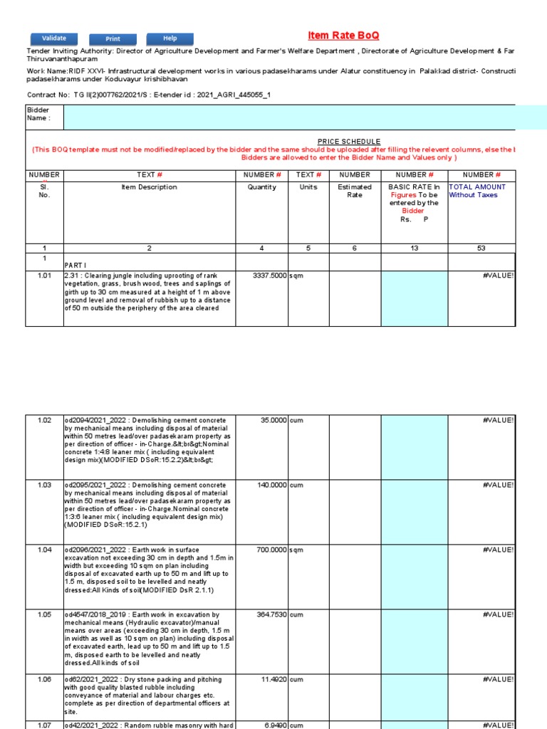 Item Rate Boq: Validate Print Help | PDF | Concrete | Architecture