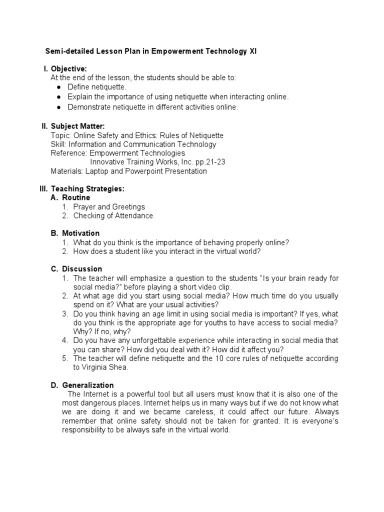 Grade 5 Netiquette Lesson Plan | PDF | Popular Culture & Media Studies ...