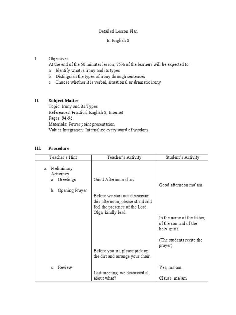 Irony Lesson Plan for English 8 | PDF | Irony
