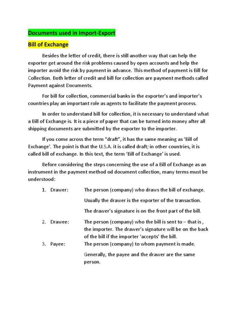 Documents Used in Import-Export Bill of Exchange | PDF | Negotiable Instrument | Payments