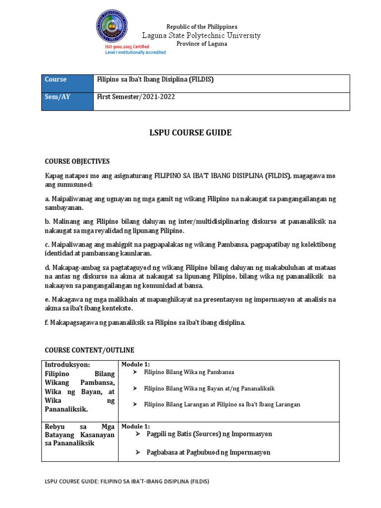 Course Guide FILDIS 1st Sem | PDF
