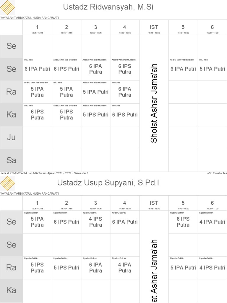 Jadwal Pembelajaran MTs Dan MA Tarbiyatul Huda Tahun Pelajaran 2021-2022 - Semester 1 - Perguru ...