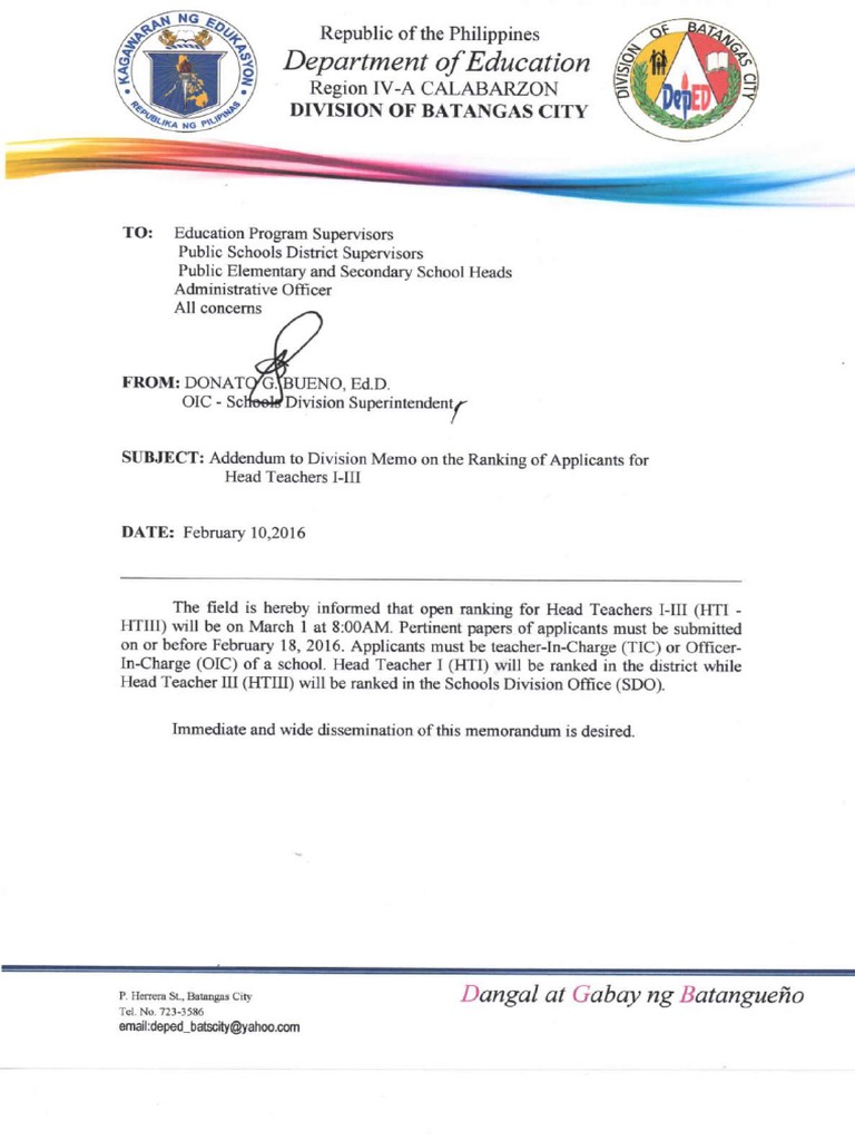 Addendum To Division Memo On The Ranking of Applicants For Head ...