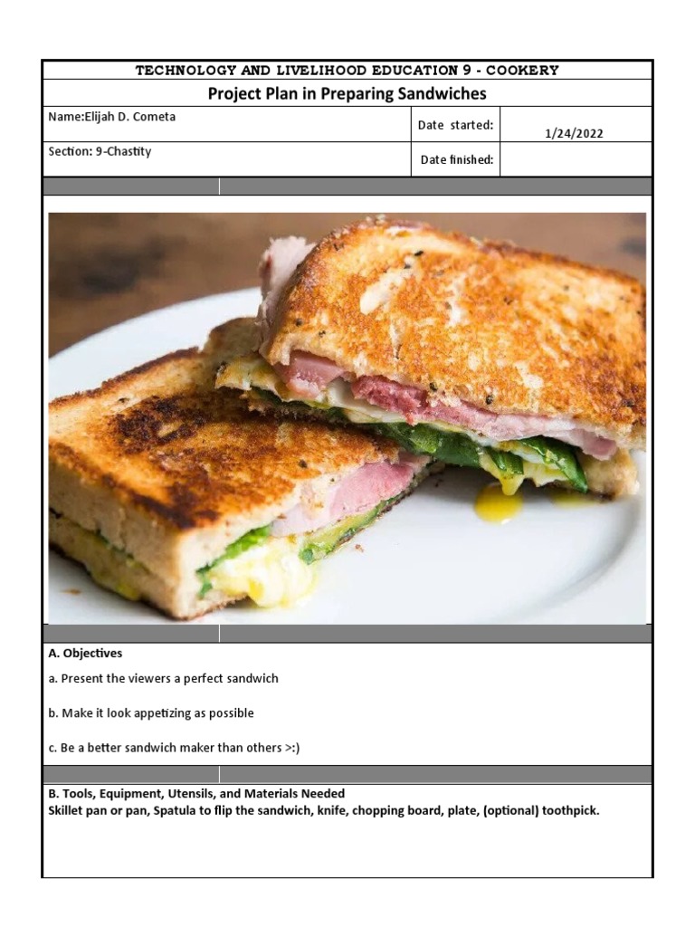 Grade 9 Sandwich Project Plan | PDF | Sandwich | Regional & Ethnic Food