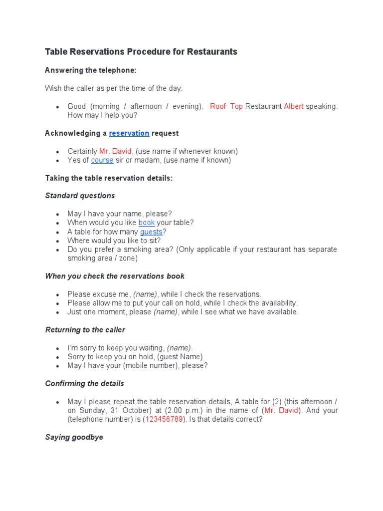 Table Reservations Procedure For Restaurants | PDF