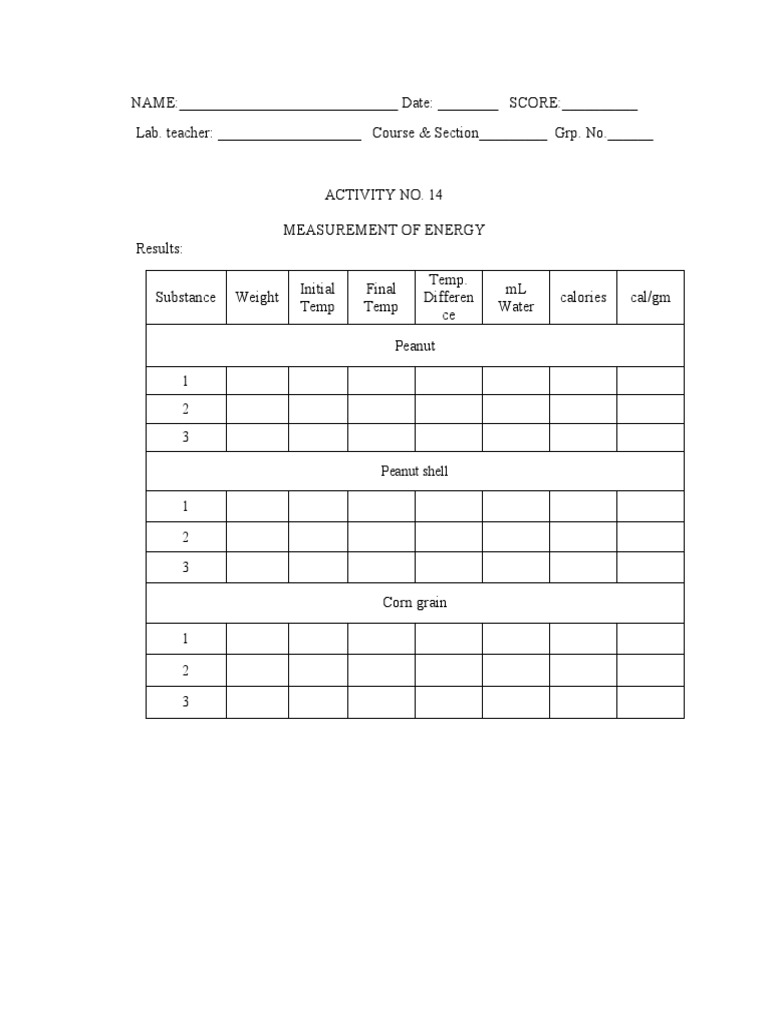 Data Sheet-Act No. 14 Measurement of Energy | PDF | Diet & Nutrition ...