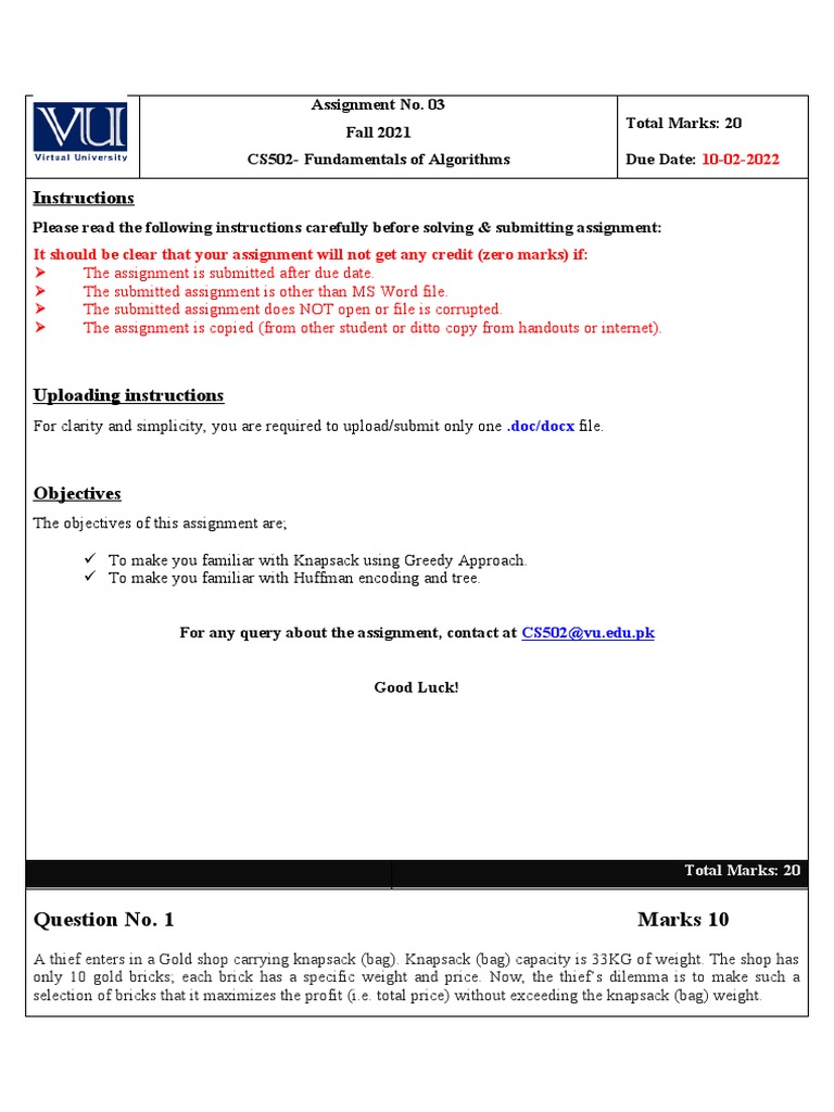 Instructions Assignment No 03 Fall 2021 Cs502 Fundamentals Of Algorithms Total Marks 20 Due