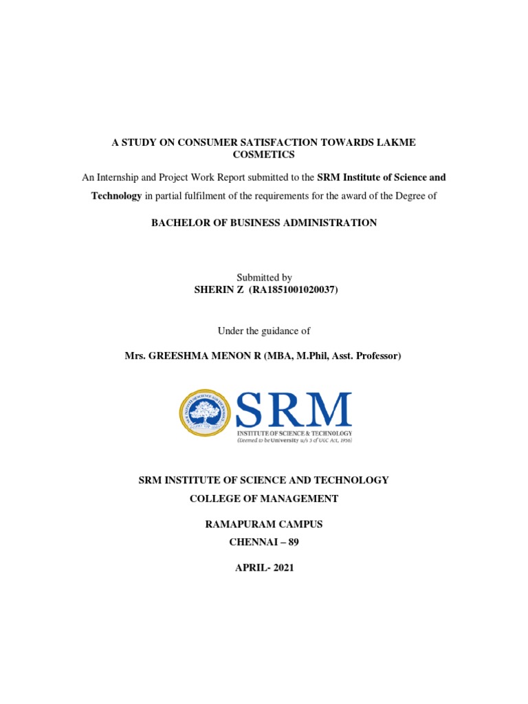 An Internship and Project Work Report Submitted To The SRM Institute of ...
