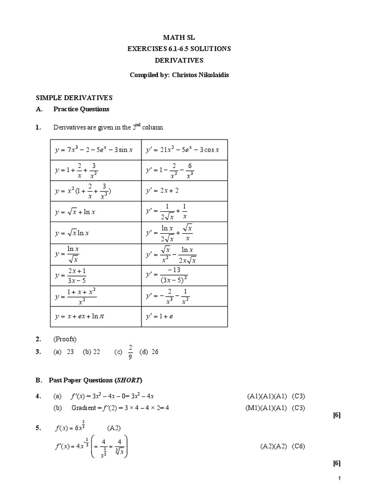 IB Math SL Derivatives Practice Solutions | PDF | Slope | Elementary ...